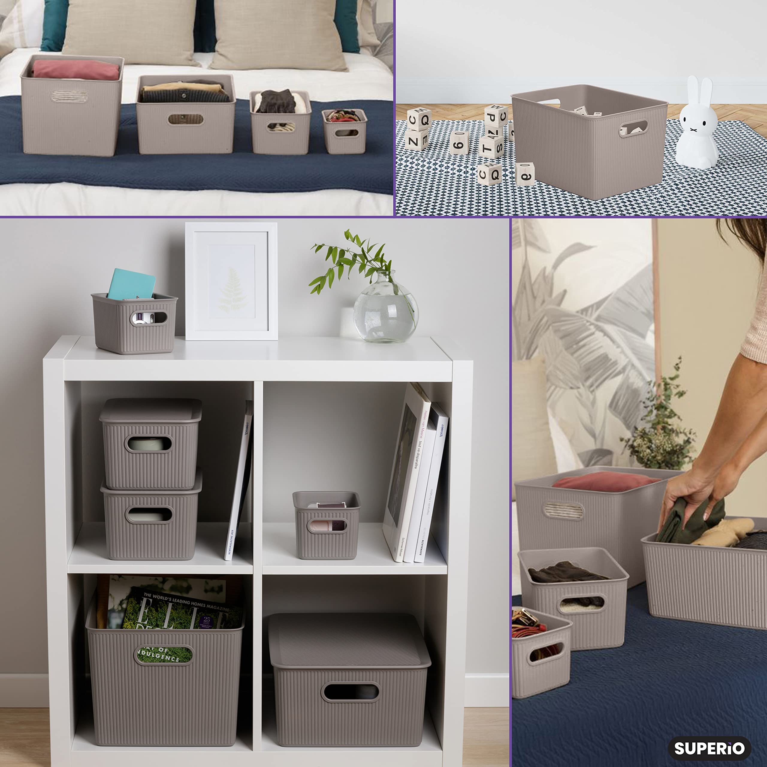 Superio Ribbed Collection - Decorative Plastic Open Home Storage Bins Organizer Baskets, X-Large Taupe (6 Pack) Container Boxes for Organizing Closet Shelves Drawer Shelf 22 Liter/23 Quart