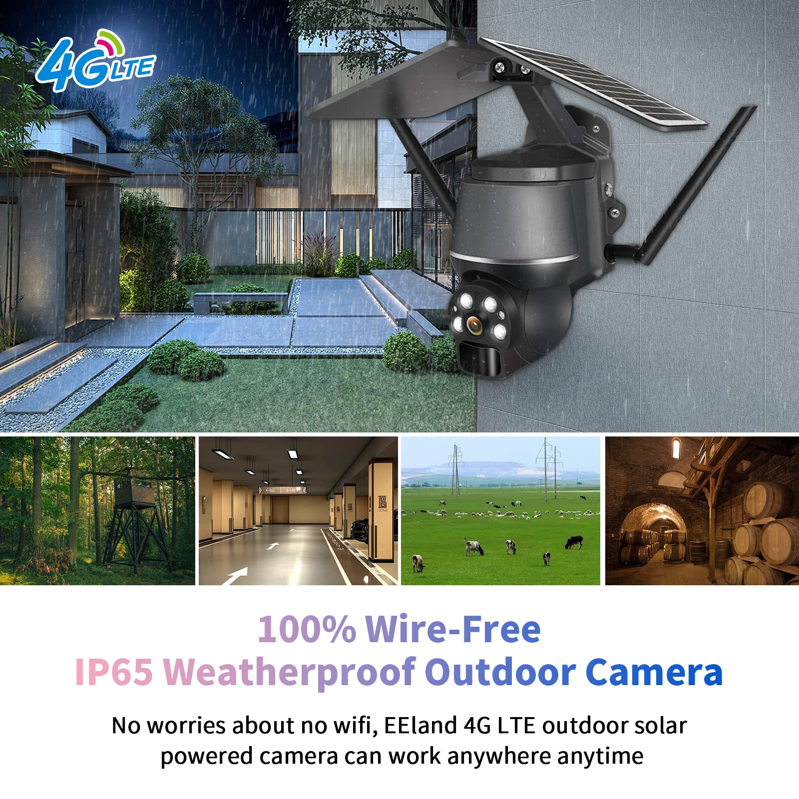 EEland 4G LTE Cellular Wireless Outdoor Security Camera with SIM Card, No WiFi Solar Battery Powered Cameras, Pan Tilt 360° View, Spotlight Color Night Vision, PIR Motion Sensor, 2 Way Talk
