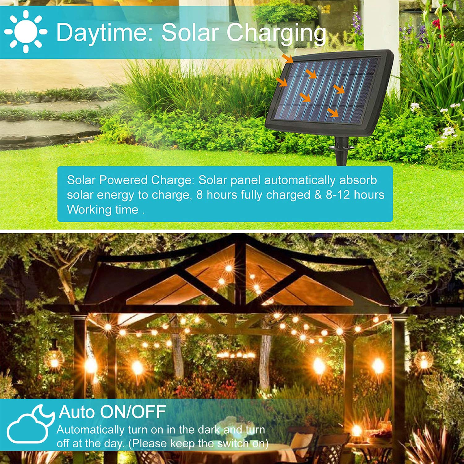 ZOTOYI 27FT Solar String Lights Outdoor Waterproof, Solar Powered Patio Lights with 12+1 Diamond Shaped Bulbs, Shatterproof LED String Lights for Home Yard Pergola Wedding Garden Party, 2200K