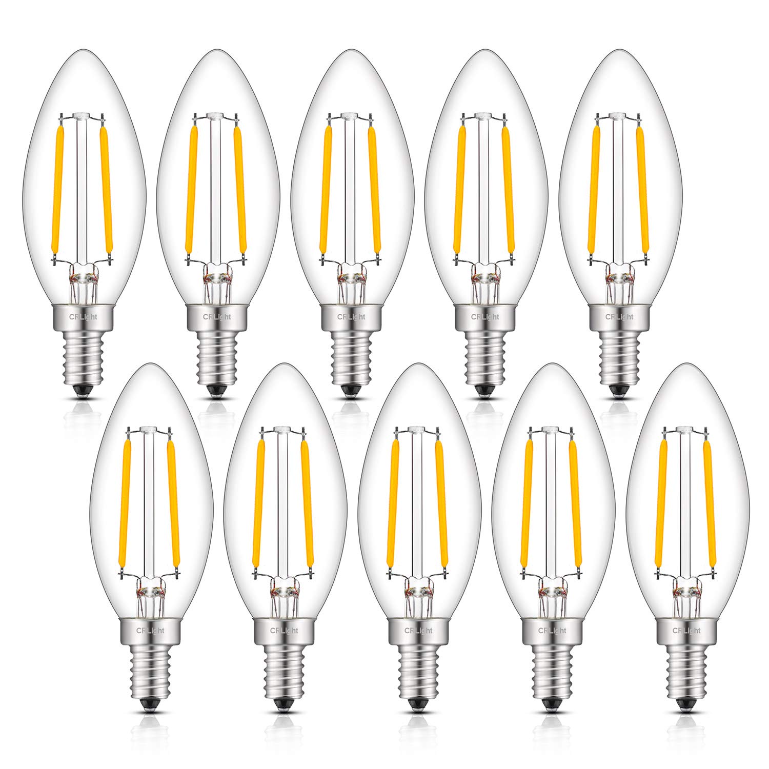 CRLight LED Candelabra Bulb 25W Equivalent 250LM, 3000K Soft White 2W LED Chandelier Light Bulbs, E12 Vintage Edison B11 Clear Glass Candle Bulbs, Non-dimmable Version, 10 Pack