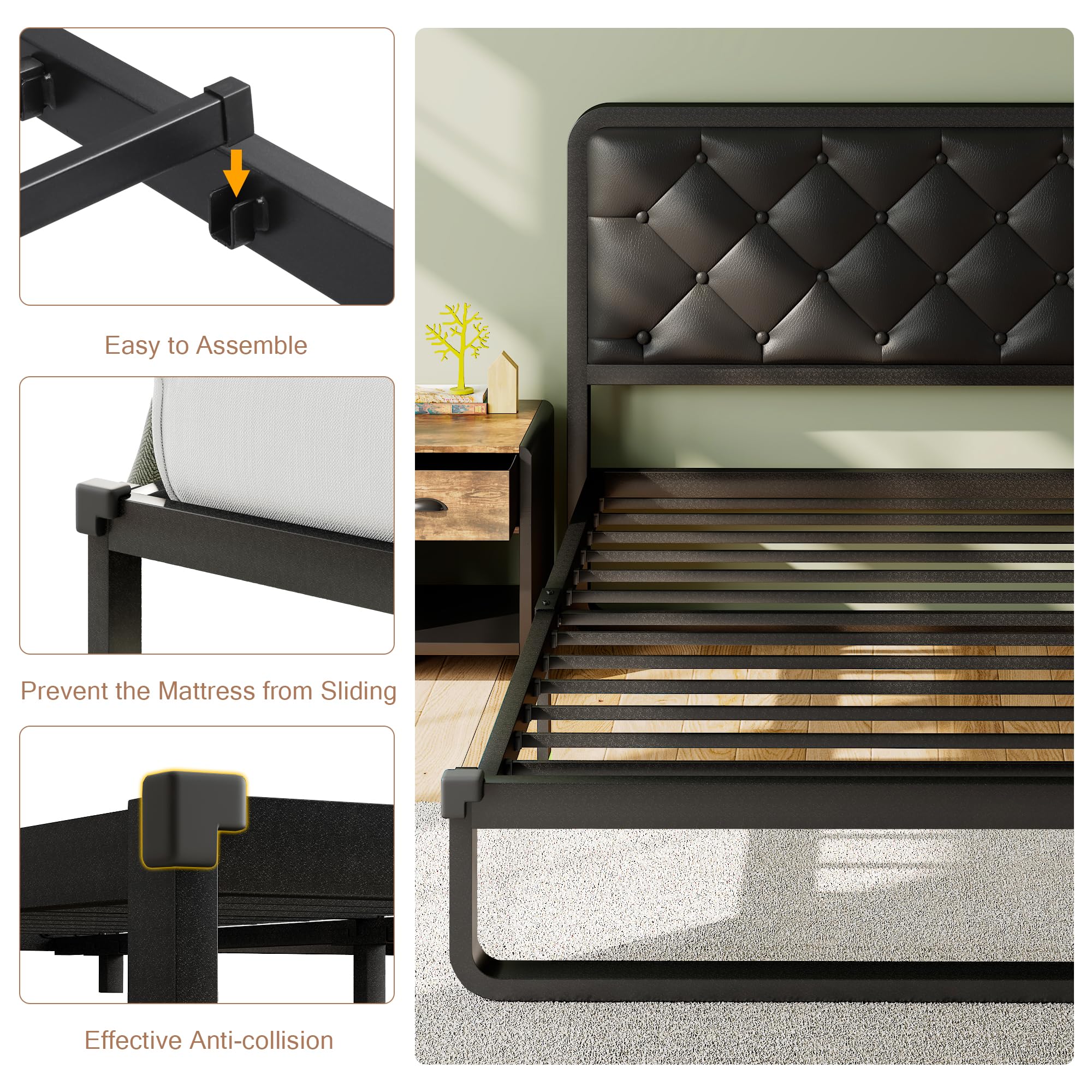 Einhomn Metal Twin Bed Frame with Button Tufted Upholstered Headboard, Curved Platform Bed Frame with 12 Inch Under Bed Space, Strong Heavy Duty Slats, No Box Spring Needed, Noise-Free, Black