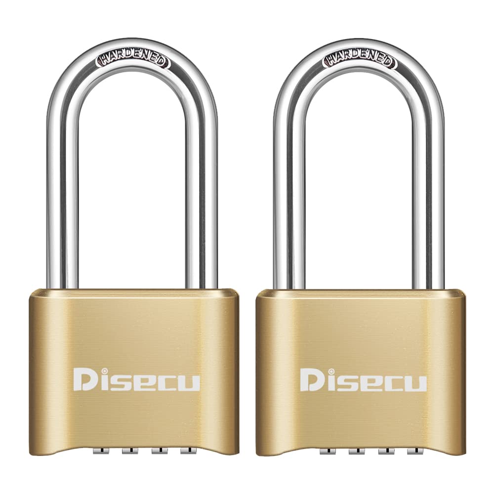Disecu Heavy Duty 4 Digit Combination Lock 2.5 Inch Long Shackle Outdoor Waterproof Padlock for School Gym Locker, Fence, Gate, Case, Hasp Storage (Brass, 2 Pack)