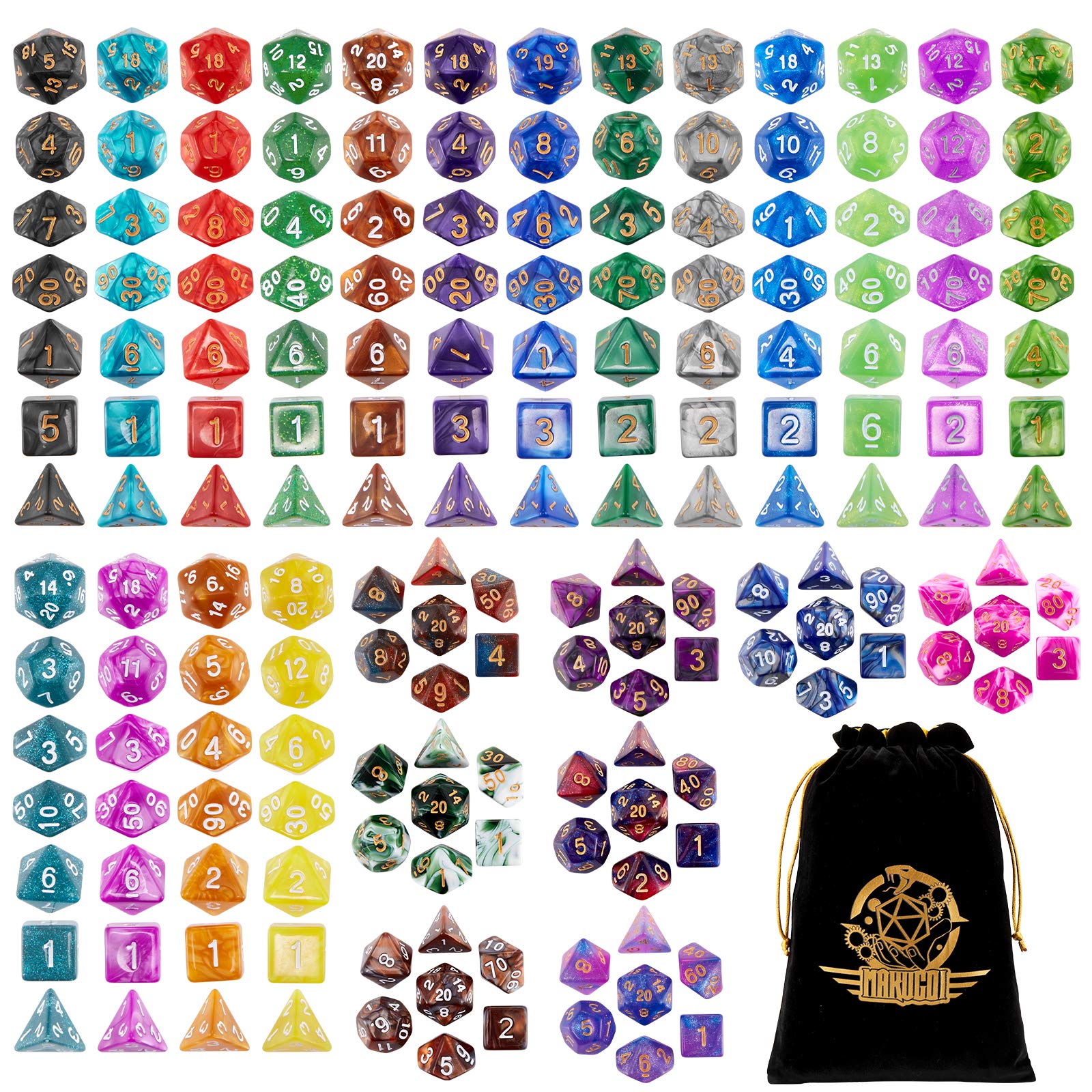 Surhugvy DND Dice Set, 25 X 7 Polyhedral Dice (175 Pieces) for Dungeons and Dragons DND RPG MTG Table Game D4 D6 D8 D10 D12 D20 25 Colors Dice with 1 Large Flannel Bag
