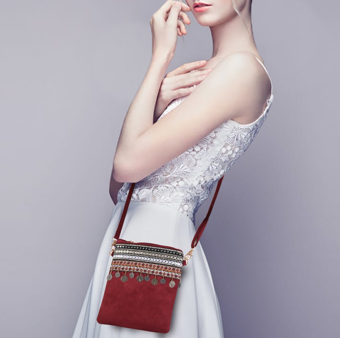 Pulama Vintage Bohemian Crossbody Small Handbag Adorable Ethnic Sling Pouch Claret