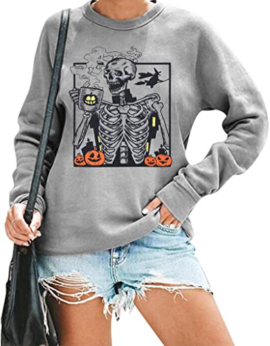 MYHALF Coffee Skeleton Sweatshirt Women Halloween Pumpkin Shirts Funny Graphic Long Sleeves Fall Sweatshirts