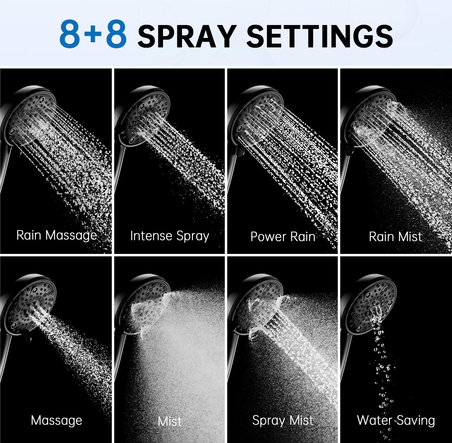 G-Promise High Pressure Dual Shower Head with Handheld Combo | 8 Settings Fixed Shower Head Built-in 3-Way Diverter | 72 Inch Stainless Steel Flexible Hose | 8 Spray Modes Handheld Shower Head