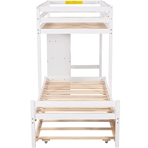 MOEO Twin Over Twin Bunk Bed with Trundle and Ladder for Kids, Adults, Wooden Bunkbed Frame w/Convertible Built-in Desk & Down Bed, Save Space, No Box Spring Required, White