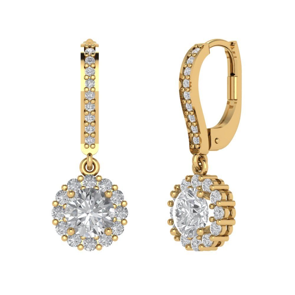 Clara Pucci 2.25 ct Brilliant Round Cut Halo Drop Dangle Clear Simulated Diamond 14k Yellow Solid Gold Earrings Lever Back