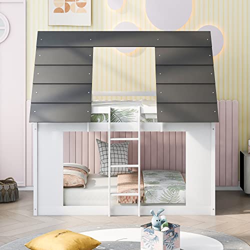 Harper & Bright Designs House Bunk Bed for Kids, Low Bunk Bed Twin Over Twin, Wood Toddler Bunk Beds Frame with Roof and Ladder for Girls Boys, White