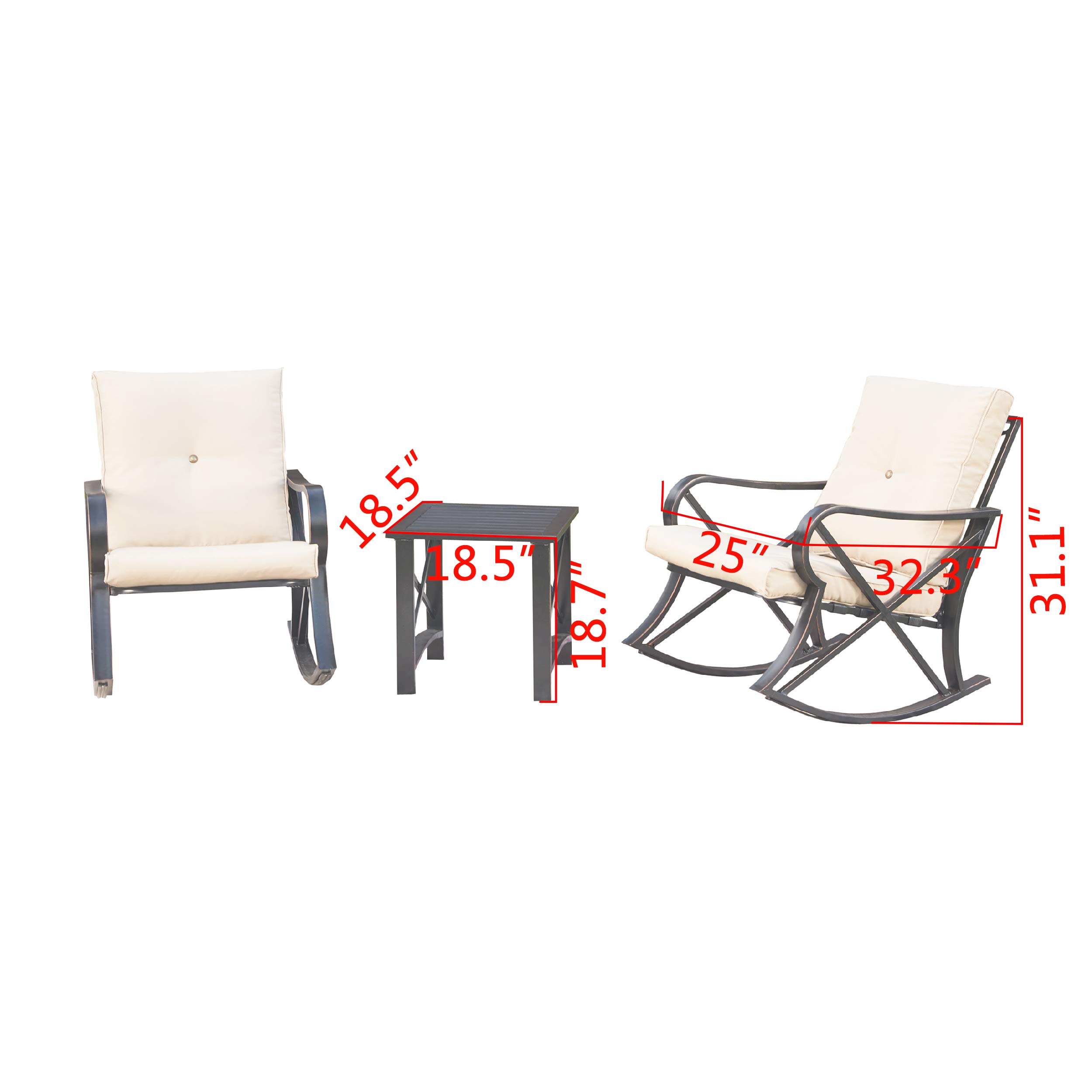 PatioFestival Rocking Chairs Bistro Set Metal Outdoor Furniture Conversation Set with Coffee Table&Thick Cushions for Backyard,Lawn,Porch,Poolside (3PCs, Khaki)