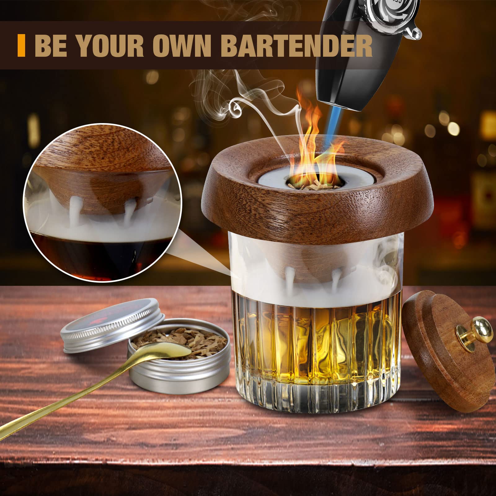 Cocktail Smoker Kit with 2 Torch, Old Fashioned Cocktail Kit with 4 Flavors Wood Chips, Bourbon Drink Smoker Infuser Kit, Whiskey Smoker Kit For Your Friends, Husband, Dad As Gift(No Butane)