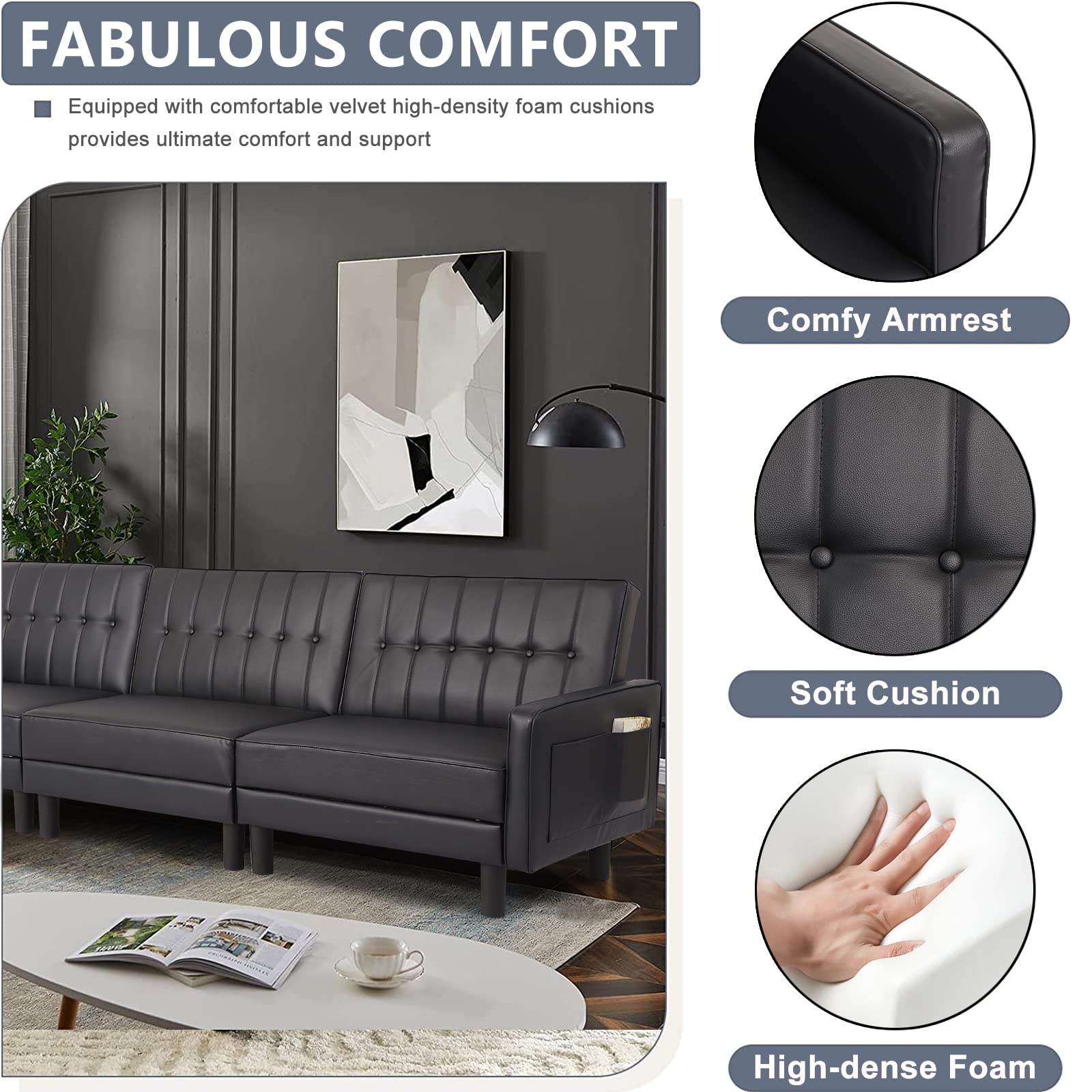 IPKIG 106" Futon Sofa Bed, Convertible Sleeper Sofa, 3-Seater Sofa Bed Couch, Faux Leather Split-Back Sofabed for Living Room Home Office Hotel with Adjustable Backrest and Side Pockets (Black)