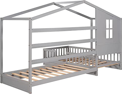 Harper & Bright Designs House Bed with Double Twin Beds, Wood L-Shaped 2 Platform Beds Roof ,Window,Fence and Slatted Design, Corner Playhouse Frame ,Montessori for Kids Girls Boys ,Grey