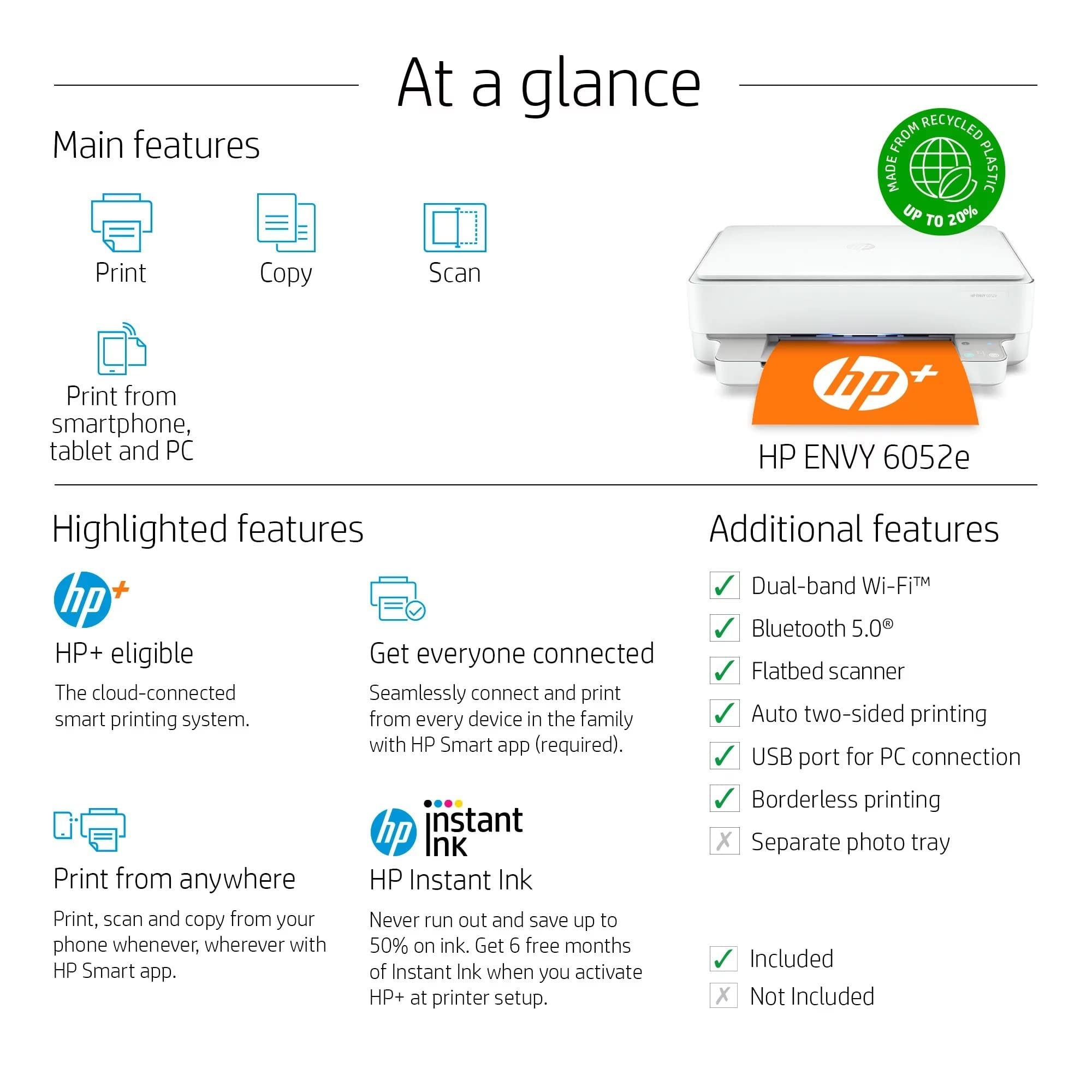 HP Envy 6052e All-in-One Wireless Color Inkjet Printer, Print Copy Scan, 2-Sided Printing, WiFi USB Bluetooth Connectivity, Instant Ink Ready, White (Renewed)