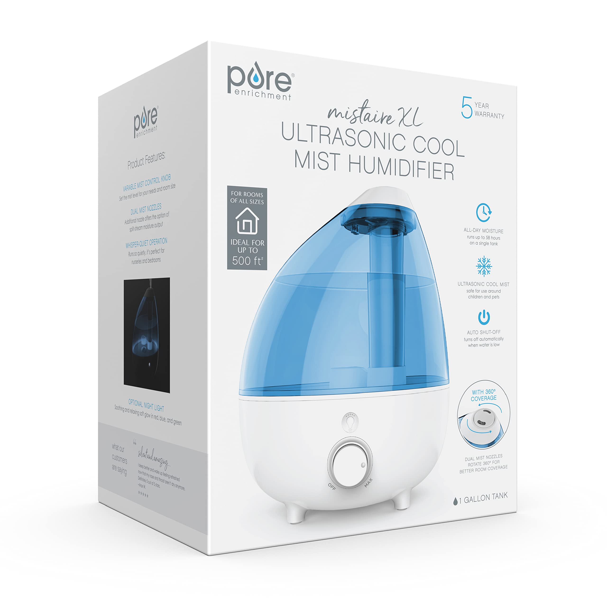 Pure Enrichment MistAire XL Ultrasonic Cool Mist Humidifier - All Day Operation for Large Rooms, 1 Gallon Tank, Variable Mist Control, Automatic Shut-Off, Whisper Quiet, and Optional Night Light