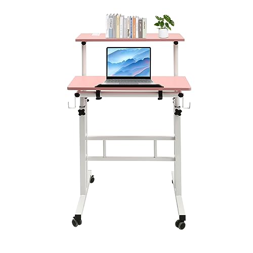 LULUGOGOTOP 24" Mobile Stand Up Desk,Small Adjustable Standing Desk w/Wheels,Portable Home Office Computer Workstation w/2 USB,Rolling Desk Laptop Cart for Standing or Sitting (Pink)
