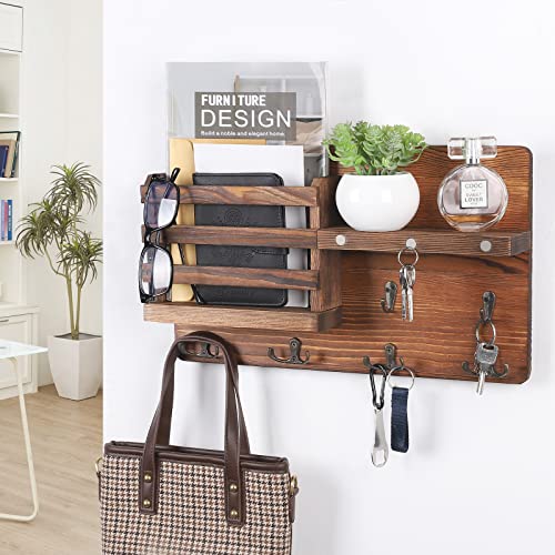 WeBravery Decorative Key Hanging Rack with 10 Hooks β Easy Install Natural Wooden Key and Mail Holder for Wall Mount β Entryway Decor Rack with Shelf (Brown)