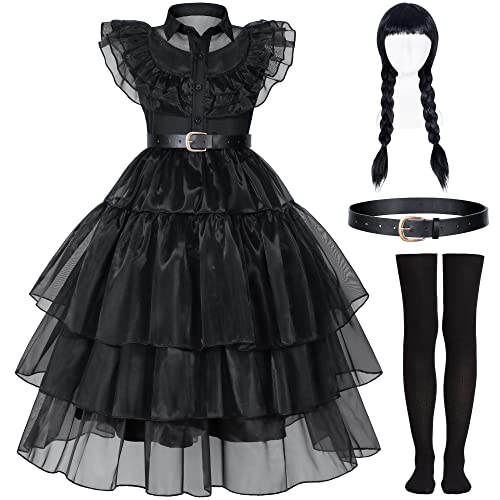 Wednesday Addams Dress Up Costume for Girls Birthday Halloween Cosplay Party with Wig Socks Belts 10-11 Years (150cm)