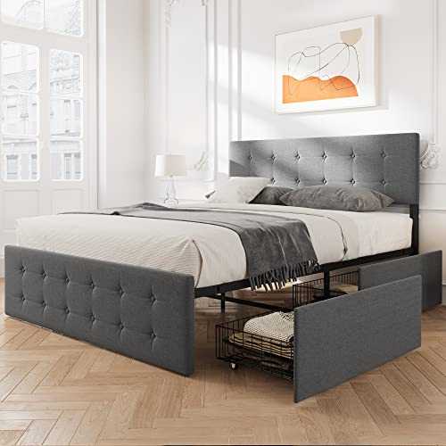 IDEALHOUSE Full Bed with Storage Drawers, Upholstered Platform Bed Frame with Headboard and Wooden Slats, Fully Upholstered Mattress Foundation, No Box Spring Needed