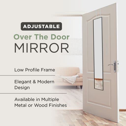 Mirrotek - Full Length Adjustable Over The Door Mirror Black Aluminum Finish - Hanging Instant Install Long Full Body Mirror for Bedroom, Dorm Room