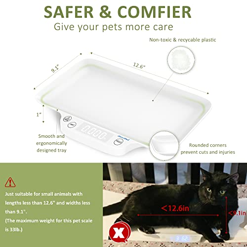 MomMed Digital Pet Scale, Portable Pet Dog Cat Scale with Hold and Tare Function, Precision Digital Scale, New Born Puppy and Kitten Scale with Tray for Puppy/Hamster/Little Bird/Rabbit, 1oz - 33lb