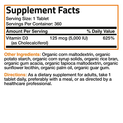 Bronson Vitamin D3 5,000 IU (1 Year Supply) for Immune Support, Healthy Muscle Function & Bone Health, High Potency Organic Non-GMO Vitamin D Supplement, 360 Tablets