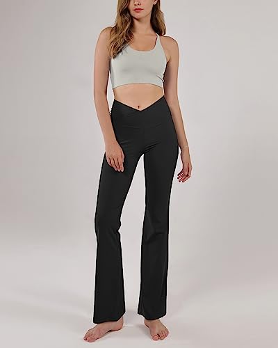 ODODOS Women's Cross Waist Flare Yoga Pants with Inner Pocket, High Rise Bootcut Tummy Control Bootleg Gym Workout Pants -Inseam 31", Black, Small