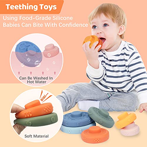 SYNPOS 6 PCS Baby Stacking Teething Toy, Stacking Nesting Toys, Soft Building Stacker Squeeze Toy, Baby Montessori Sensory Toys with Number, Fruit and Shape, Early Learning Toys for Toddlers 6 Months