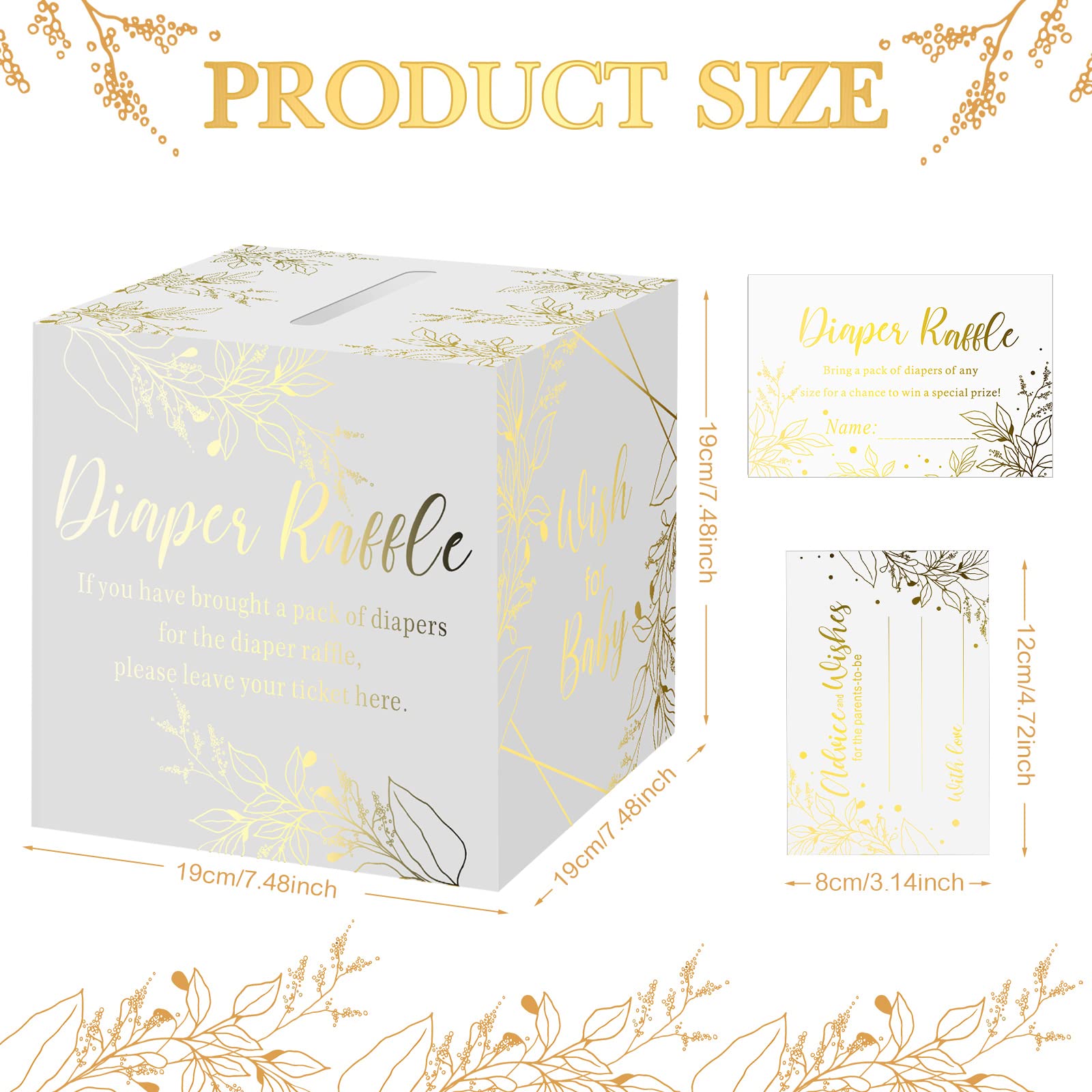 Funrous 51 Pcs Diaper Raffle Tickets with Holder White and Gold Themed Card Box for Baby Shower Party Game Kit Supplies