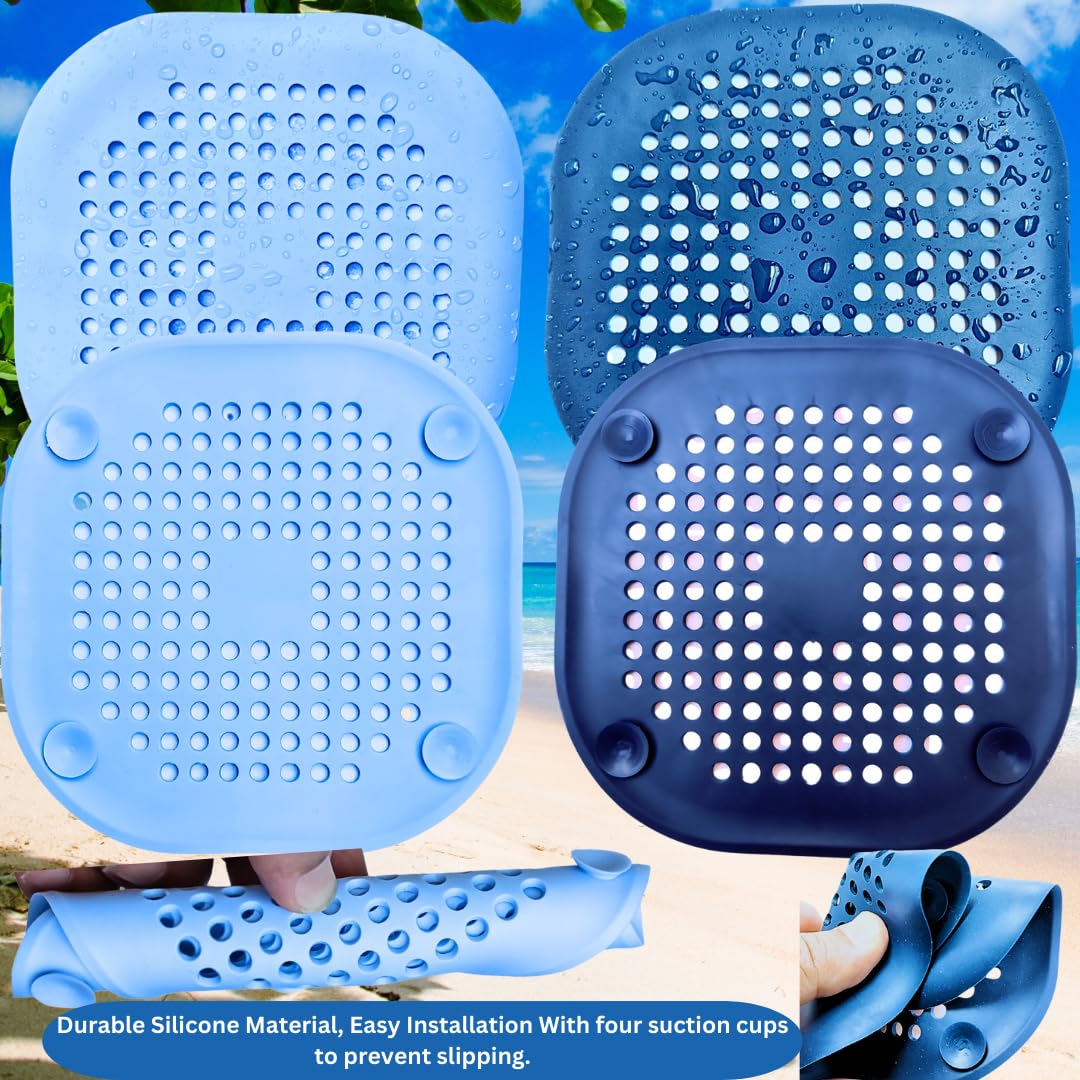 Elegaro Silicone Drain Hair Catcher with Suction Cup Hair Stopper for Shower Bathtub Kitchen Sink Pack of 2 Blue, Sky Blue