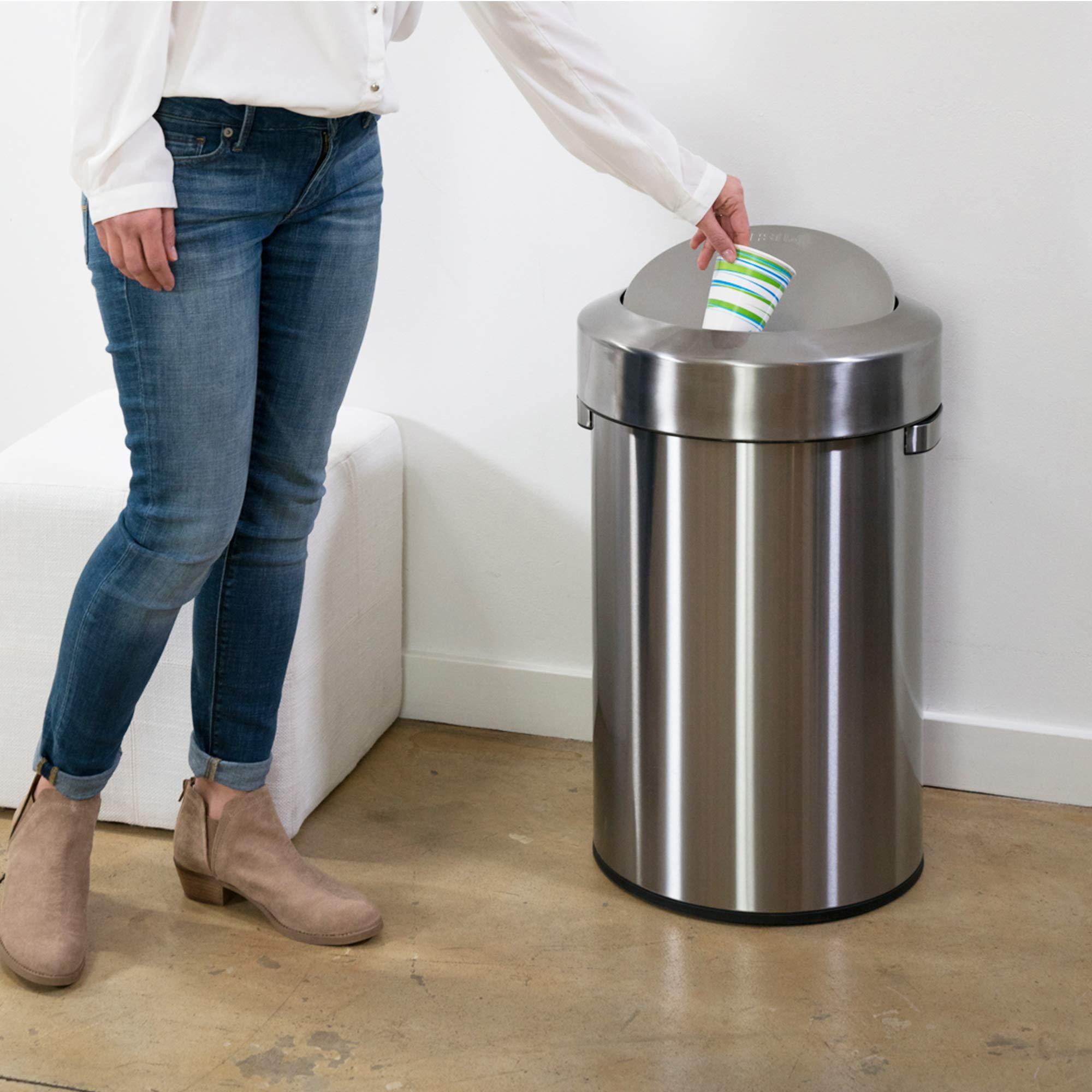 iTouchless, Restaurant, Office and Kitchen Titan 17 Gallon Swing Open Trash, Stainless Steel Self-Balance Flip Top Lid Commercial Grade 64 Liter Garbage Can is Perfect for Business, Softstep 17 Gal