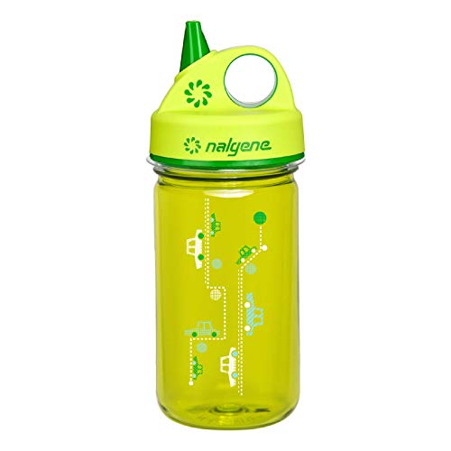 Nalgene Kids Sustain Grip-N-Gulp Water Bottles Made with Material Derived from 50% Plastic Waste, Leak Proof Sippy Cup, Durable, BPA and BPS Free, Dishwasher Safe, Reusable, 12 Ounces, Green Cars