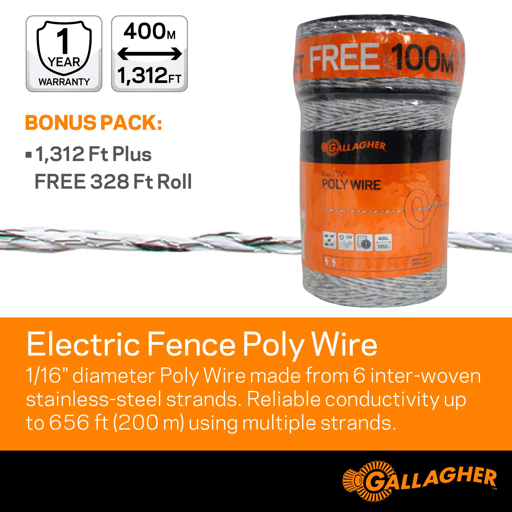 Gallagher Electric Fence Poly Wire | Bonus Pack - 1312 Ft Plus Free 328 Ft Roll | 6 Stainless Steel Strands for Reliable Conductivity and Rust Resistance | 1/16" Diameter Polywire | UV Resistant