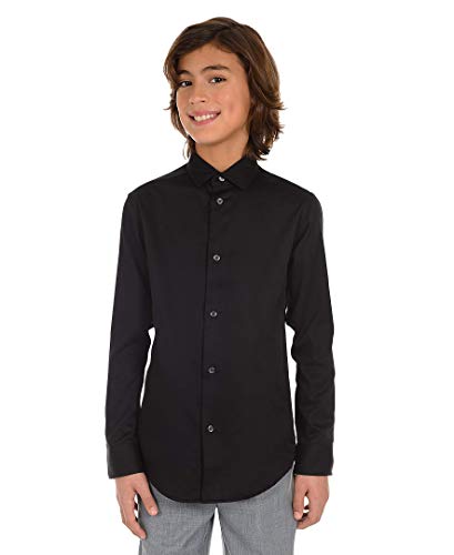 Calvin Klein Boys' Long Sleeve Sateen Dress Shirt, Button-down Style With Buttoned Cuffs & Shirttail Hem, Black, 20