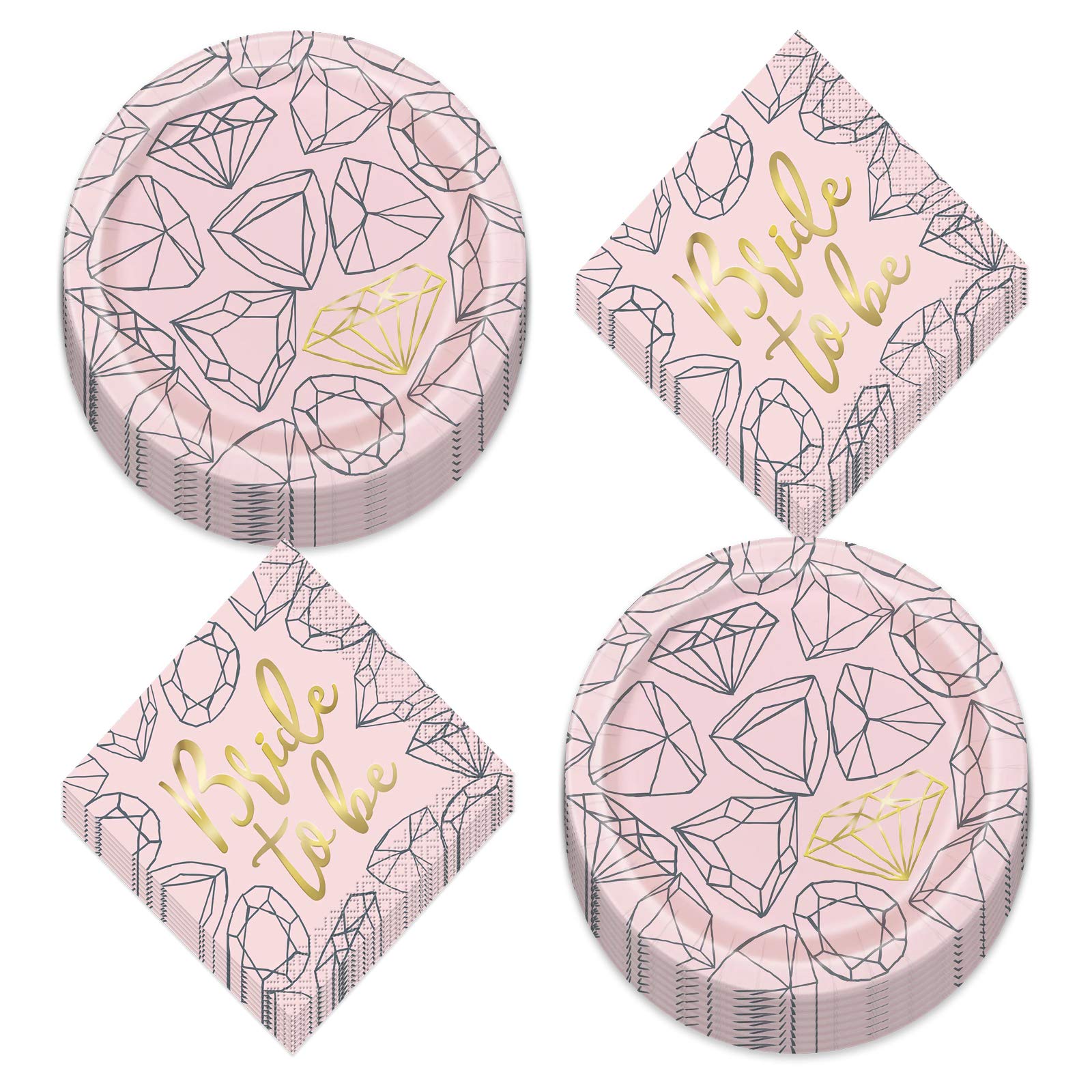 Live It Up! Party Supplies Pink & Gold Diamond Bride to Be Paper Dessert Plates and Beverage Napkins (Serves 16)