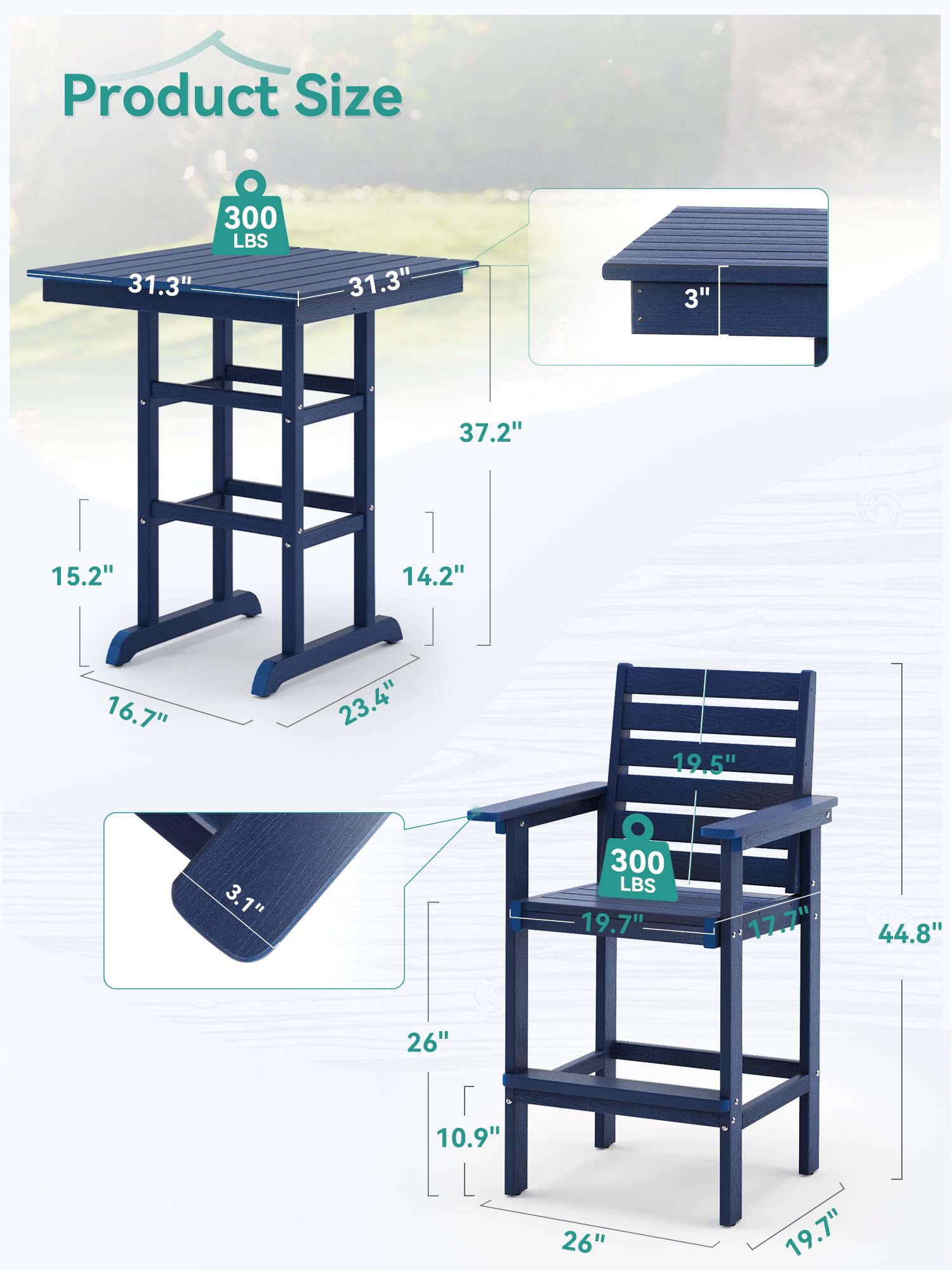 Homenjoy Outdoor Bar Set for 2 Persons, HDPE Weather Resistant Bar Height Patio Set, Patio Square Bar Pub Table and Chairs with Armrest, Bar Table Set for Deck Pool Backyard Balcony, Navy
