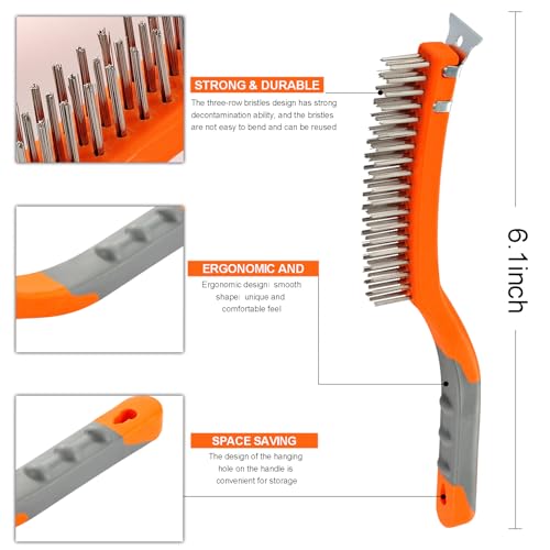 MAXMAN Wire Brushes 2 Pcs, 14 Inch Stainless & Carbon Steel Wire Scratch Brush, Wire Brush with Rubber Handle, Heavy Duty Wire Brushes with Metal Scraper for Cleaning Rust, Automotive, Paint, Welding