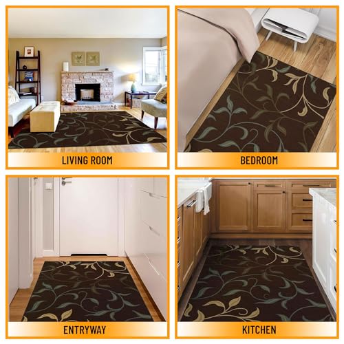 Machine Washable Leaves Design Non-Slip Rubberback 5x7 Traditional Area Rug for Living Room, Bedroom, Kitchen, 5' x 6'6", Brown