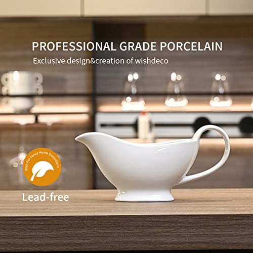WishDeco White Gravy Boat, 8oz Ceramic Gravy Jug, Small Sauce Jug with Smooth Handle, Porcelain Sauce Boat for Salad Dressing, Broth, Cream, Milk