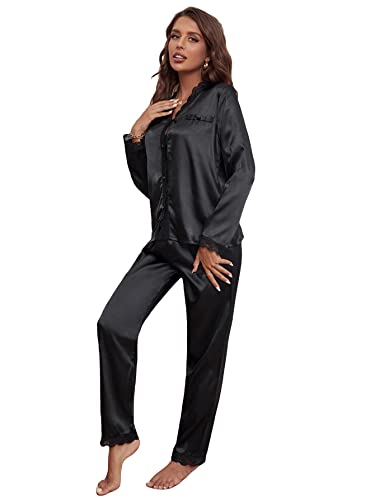 MakeMeChic Women's Satin PJ Set Silk Lace Trim Button Down Shirt and Pants Pajama Set Black XXL