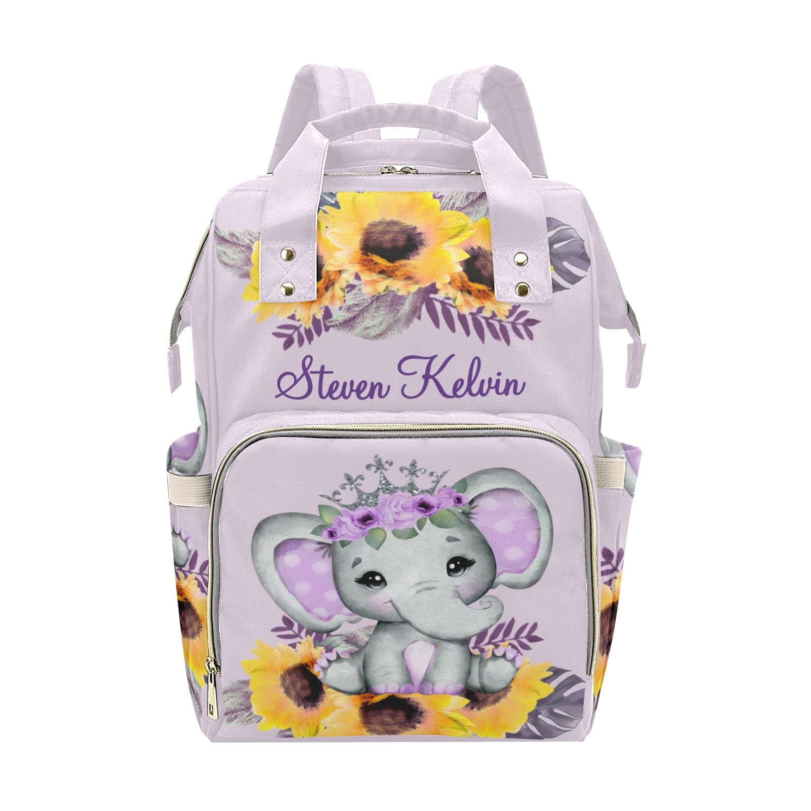Elephant Princess Purple Sunflower Sweet Personalized Diaper Backpack with Name,Custom Travel DayPack for Nappy Mommy Nursing Baby Bag One Size