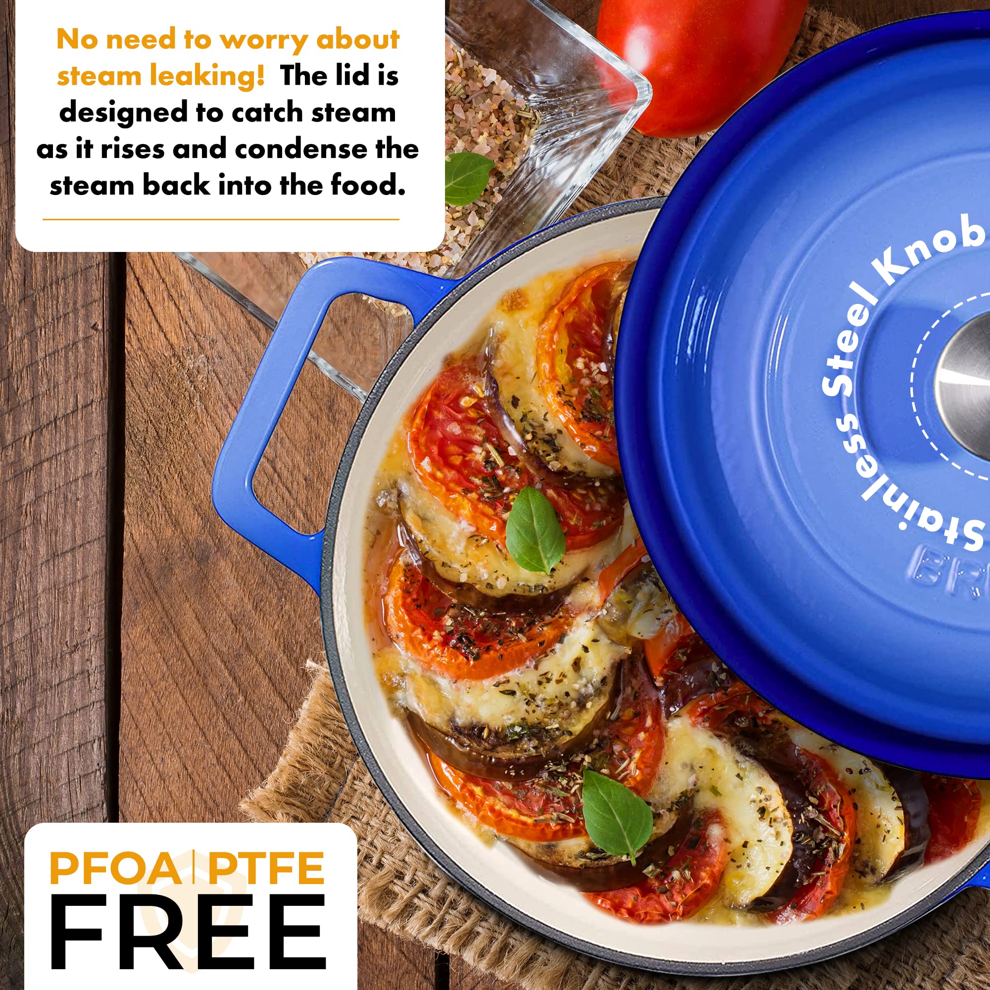 Bruntmor Pre-Seasoned 6.5 qt Enameled Cast Iron Round Dutch Oven, 6.5 Quart Dutch Ovens Pot With Lid And Handle, Heavy Duty Casserole Dish, Hand Wash Only, Red