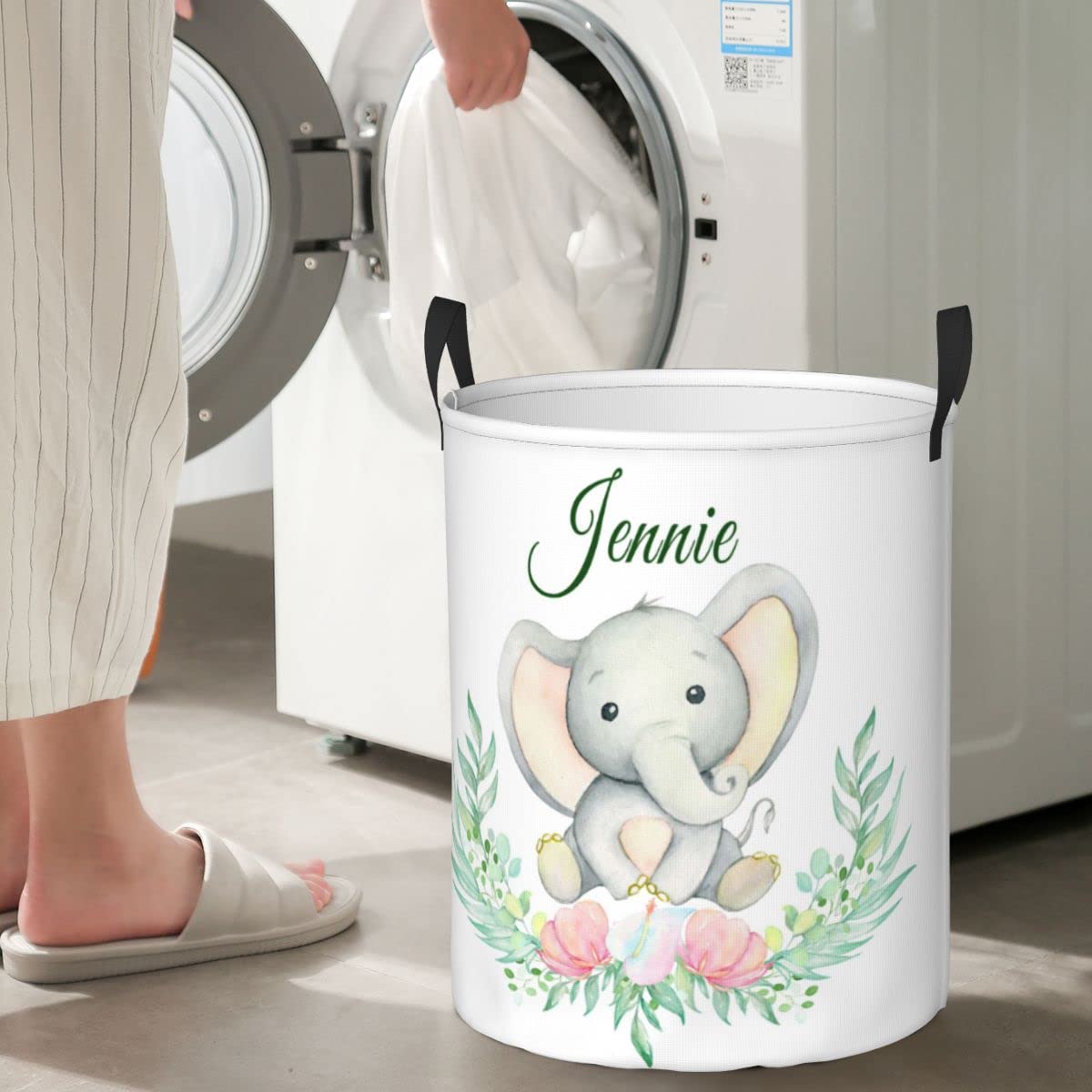 Puurbol Custom Cute Baby Elephant Laundry Hamper with Name Personalized Storage Bin Laundry Baskets For Bathroom