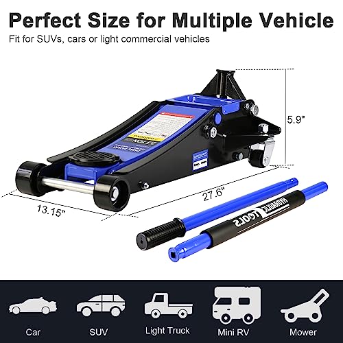 Lyromix 2.5 Ton Floor Jack, Steel Low Profile Car Jack with Dual Pump Hydraulic Car Quick Lift System, Heavy Duty Service Jack for Garages/Repair Shops/DIY, Lift Range 3.5”to 19.5", Blue/Black