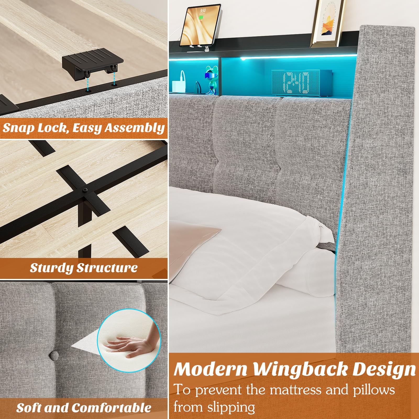 Homieasy Twin Size Bed Frame with Drawers Charging Station LED Light, Upholstered Twin Bed Frame with Storage Headboard, Heavy Duty Wood Slats, No Box Spring Needed, Noise Free, Grey