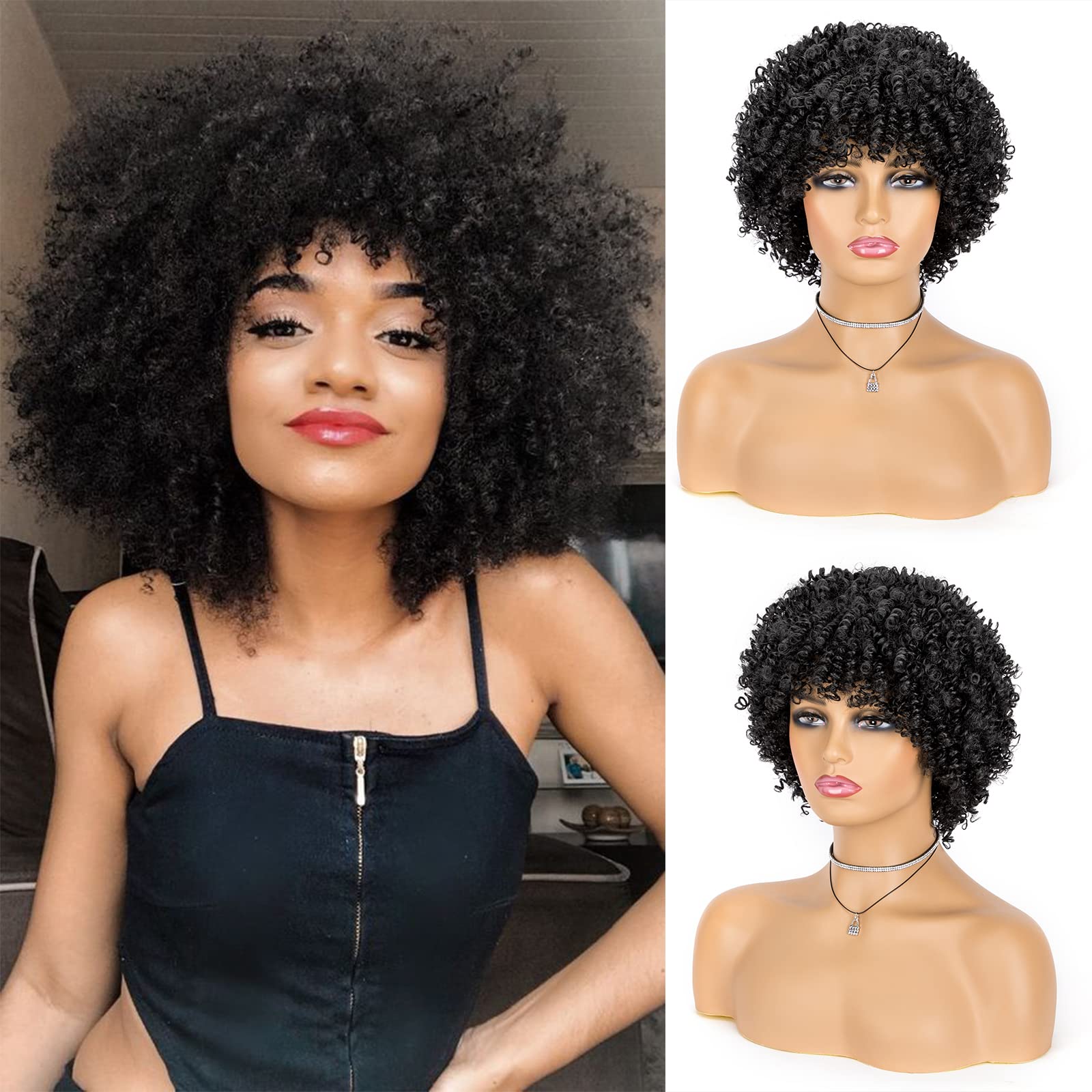 Flvaco Short Curly Wig Synthetic Fiber Full Wig with Bangs Afro Curly Wig for Black Women(1B#)