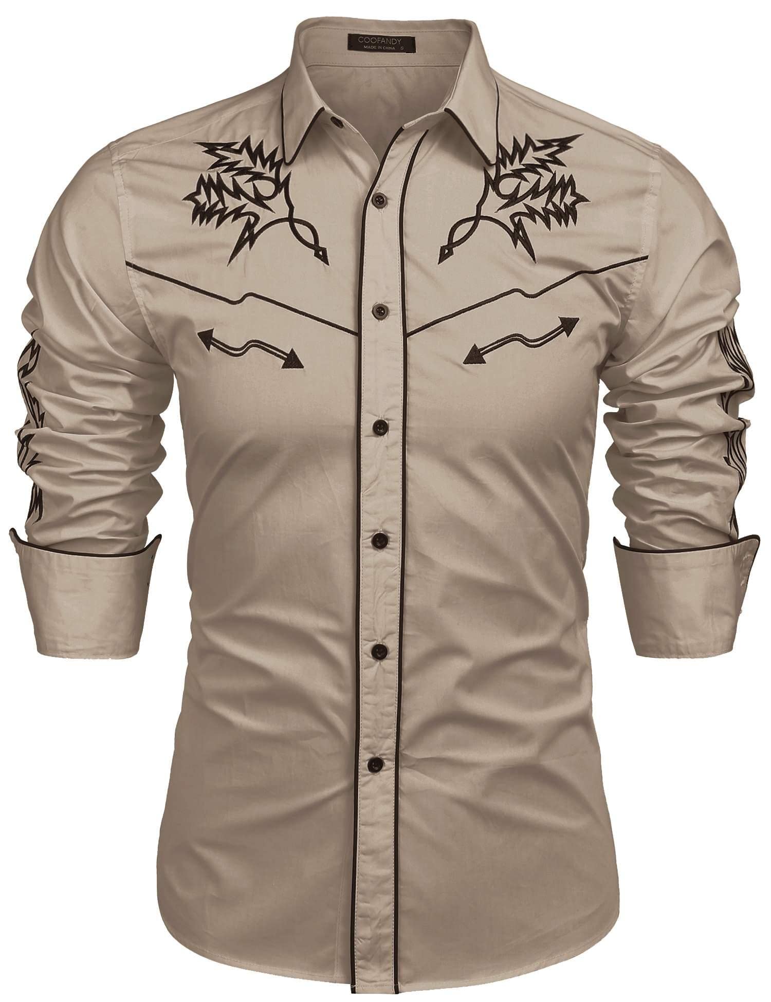 COOFANDY Mens Western Cowboy Shirt Embroidered Denim Long Sleeve Casual Button Down Shirt (Large, Khaki)