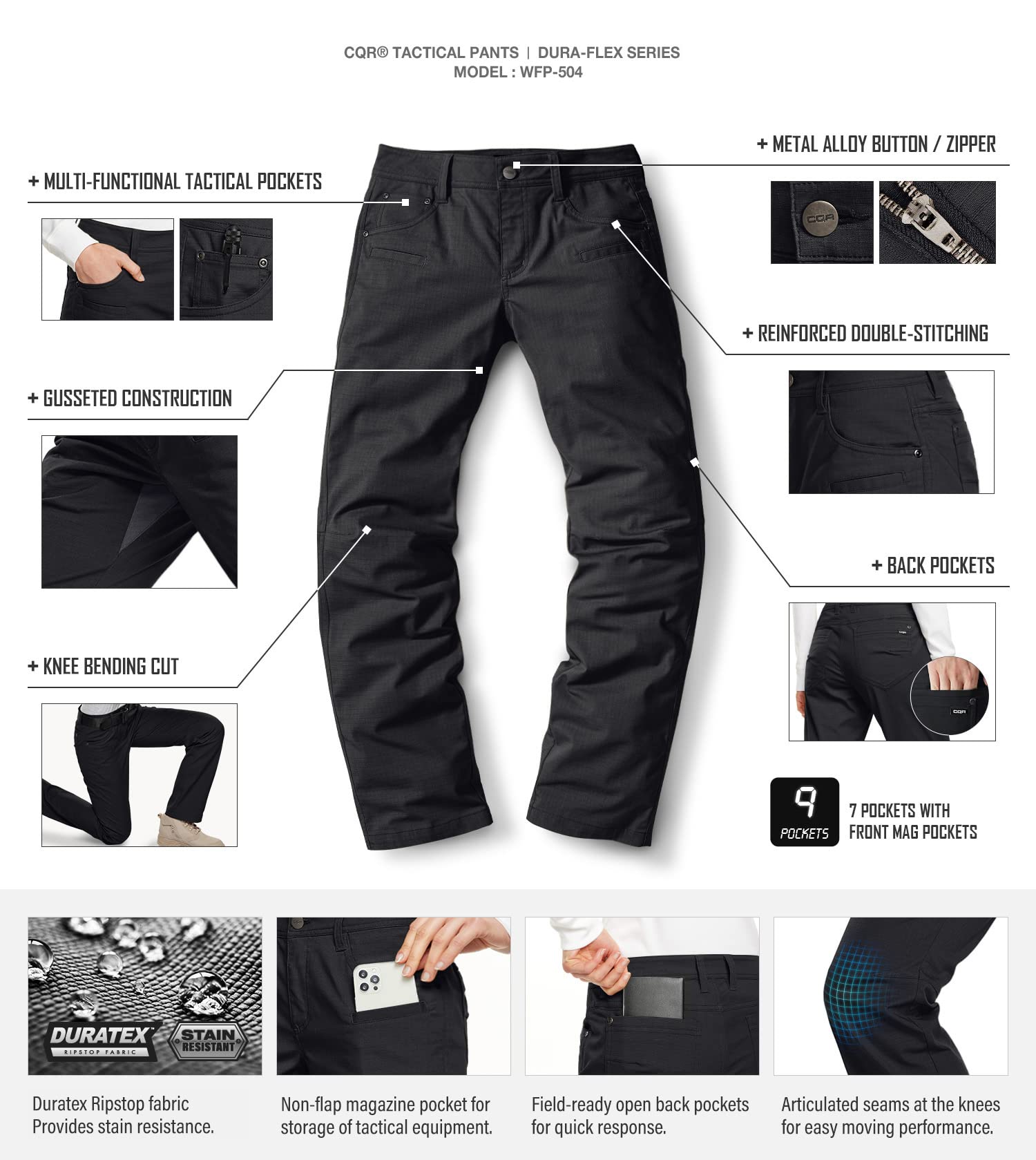 CQR Women's Flex Stretch Tactical Pants, Outdoor Hiking Pants with Pockets, Water Resistant Ripstop Work Pants, Flexy Stratight Black, 16