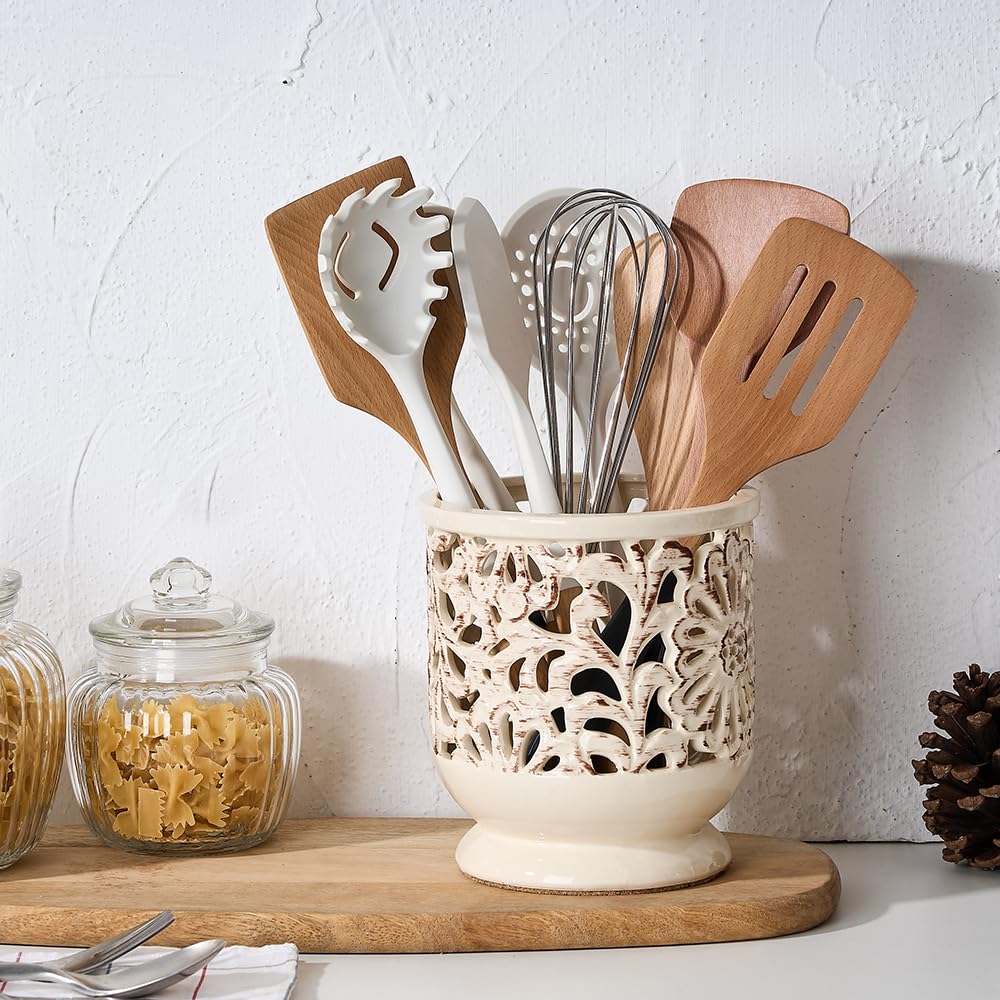 JH JIEMEI HOME Farmhouse Kitchen Utensil Holder for Countertop, Ceramic Large Cooking Utensil Crock with Cork Mat, Decorative Rustic Utensil Holder for Kitchen Counter, Hollow Carving Flower, Beige