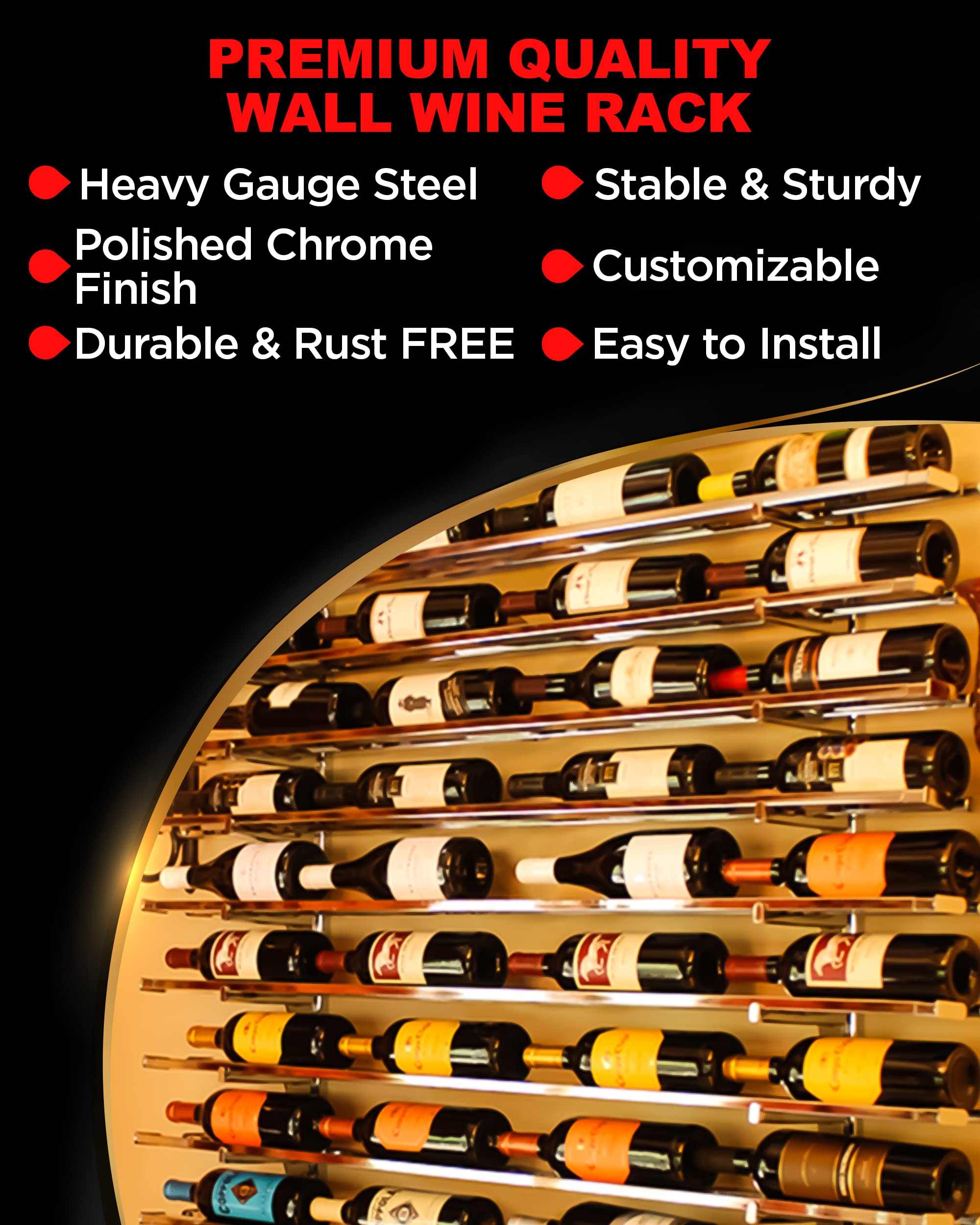 DLDIRECT Diamond Life Reserve Hanging Wine Rack - 1 Bottle Deep 4'H x 4'W (44 Bottles) - Wall Mounted Wine Bottle Holder Metal Modern Wall Wine Rack - Customizable Wine Bottle Rack Wall Mounted